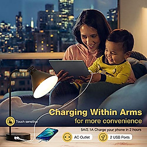 Industrial Black Bedroom Table Lamp, Dimmable Touch Control Bedside Lamp with 2 USB Charging Ports and AC Outlet, Nightstand Reading Lamp with Metal Flexible Head for Living Room Office, Bulb Included