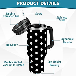 Yasala Car Tumbler with Handle Polka Dot Travel Mug Coffee Cup Insulated Beverage Container Mega Cup for Hot Cold Drinking Thermos Water Bottle Cupholder Friendly 40 oz