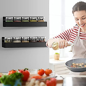 OFFSIR Spice Rack for Refrigerator, Magnetic Shelf with 4 Removable Hooks, Strong Magnetic Spice Rack, Crystal Clear Acrylic Magnetic Shelves for Whiteboard Holding Spices, Black 2 Packs
