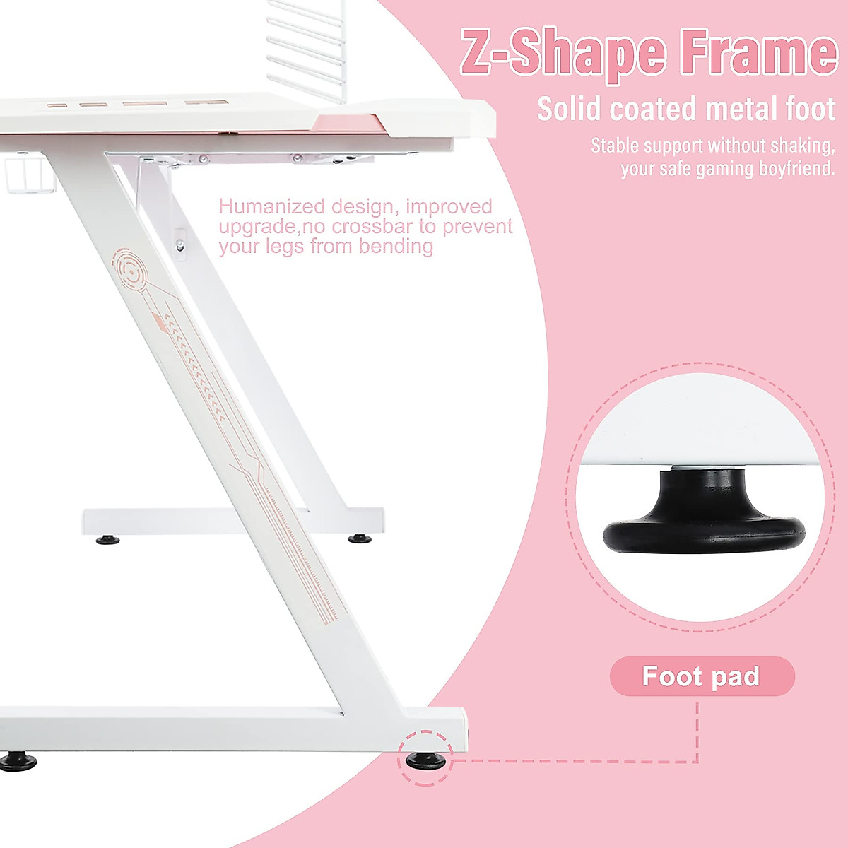 YOUTHUP Gaming Desk with LED Lights, 55 Inch Z Shaped Game Desk for PC Gamer, Ergonomic Racing Style Computer Table Workstation with Remote Control, Headphone Hook, Cup Holder, Handle Rack, Pink