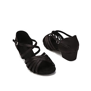 HXYOO Low Heel Practice Womens Ballroom Dance Shoes for Social Beginner Salsa Latin Dancing Wedding Party 1 1/2 inch heel S05(Black-1.5" heel,10)