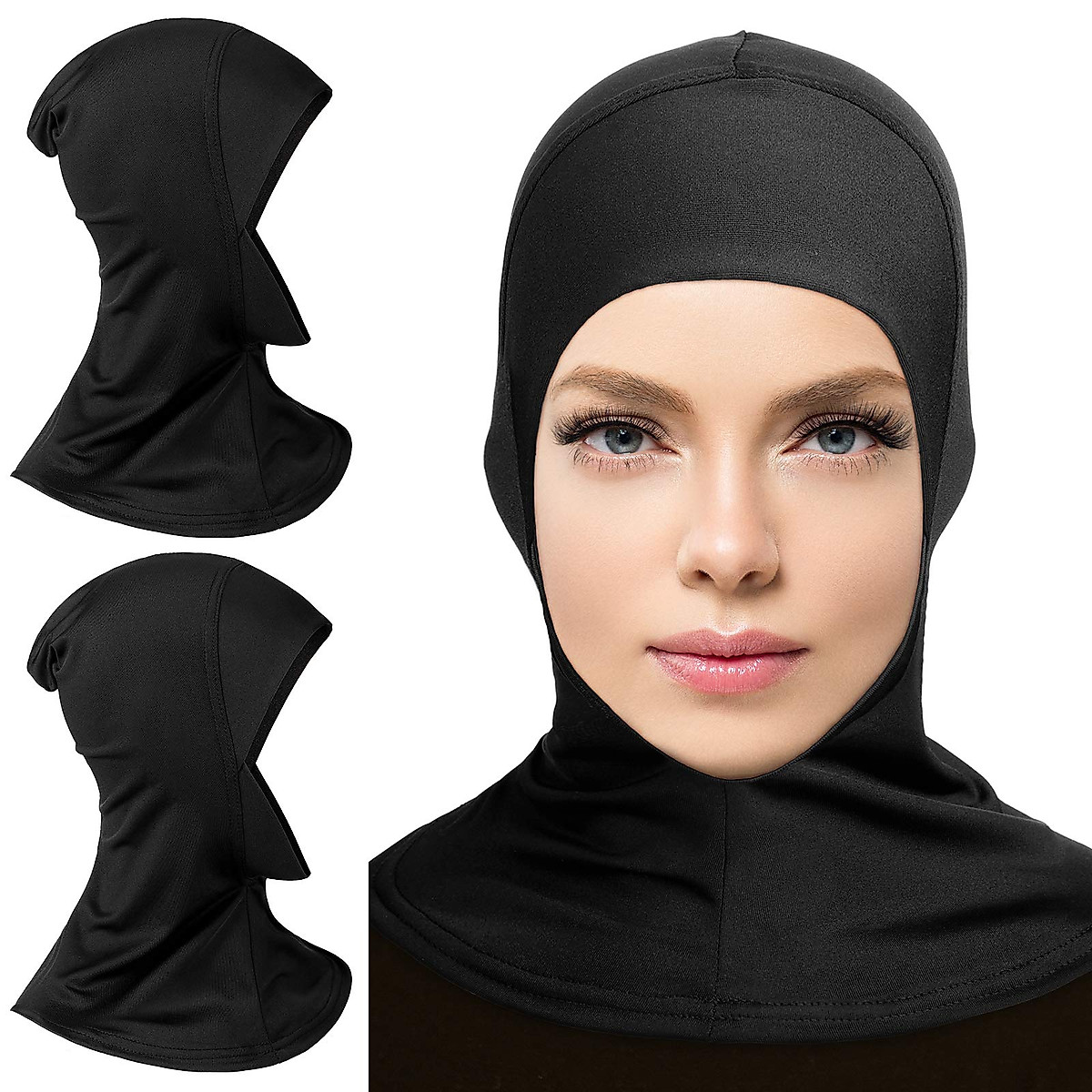 2 Pieces Modal Hijab Cap Adjustable Muslim Stretchy Turban Full Cover Shawl Cap Full Neck Coverage for Lady (Black)