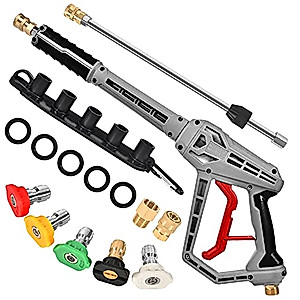 WXMECH Pressure Washer Gun with Extension Wand Replacement 5000 PSI High Power Washer Gun 39 Inch Adjustable Length with M22 14mm or M22 15mm Fitting 5 Nozzle Tips with Nozzle Holder (Grey)