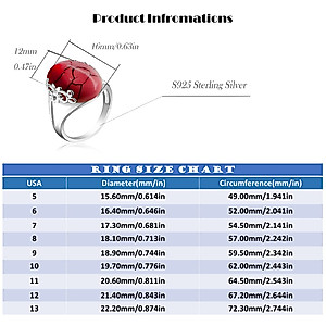DALEGEM Natural Red Oval Turquoise Stone Crystal Ring for Women,S925 Sterling Silver Real Genuine Quartz Gemstone Turkish Turkey Ring Jewelry (Stone_B, 7)