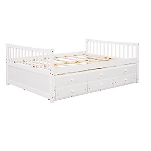 Rhomtree Storage Full Size Bed with Twin Trundle and Drawers Wood Daybed Captain’s Bed Bedroom Furniture for Kids Teens Guests (Full White)
