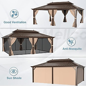 MELLCOM 12' x 20' Hardtop Gazebo,Galvanized Steel Metal Double Roof Aluminum Gazebo with Curtain and Netting,Brown Permanent Pavilion Frame for Patio, Lawn & Garden