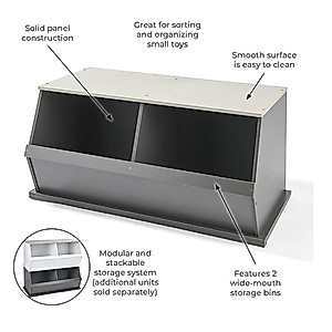 Badger Basket Two Bin Stackable Toy Storage Cubby Organizer - Charcoal/Gray Woodgrain