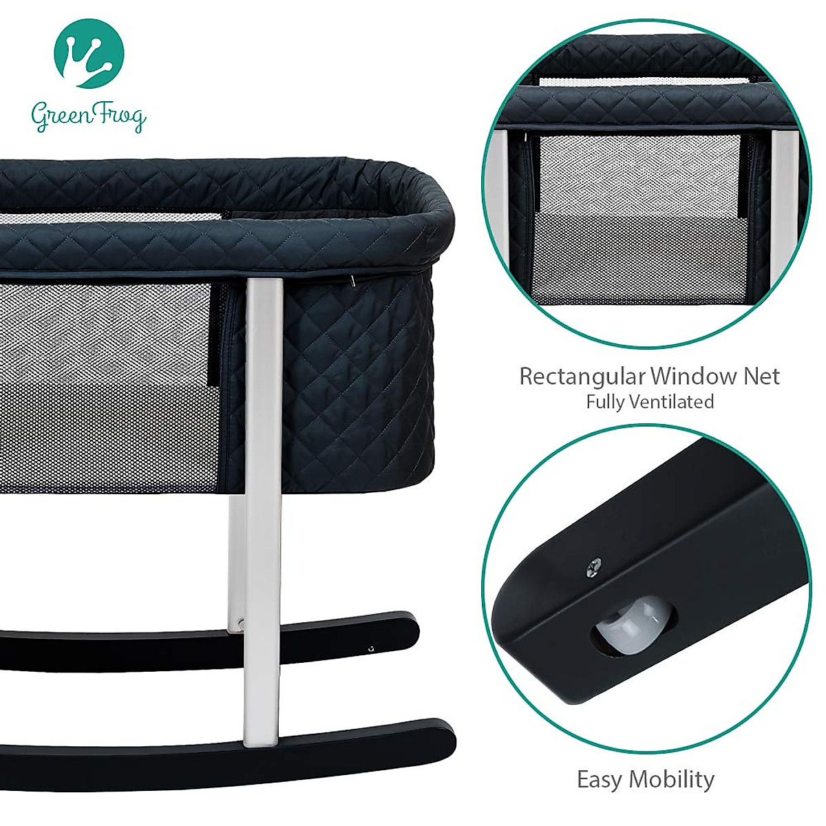 Green Frog Bassinet/Cradle | Gentle Rocking | Mesh Windows | Infant Safe Mattress | Hidden Wheels for Easy Movement | Washable | Lightweight and Transportable (Black Diamond)