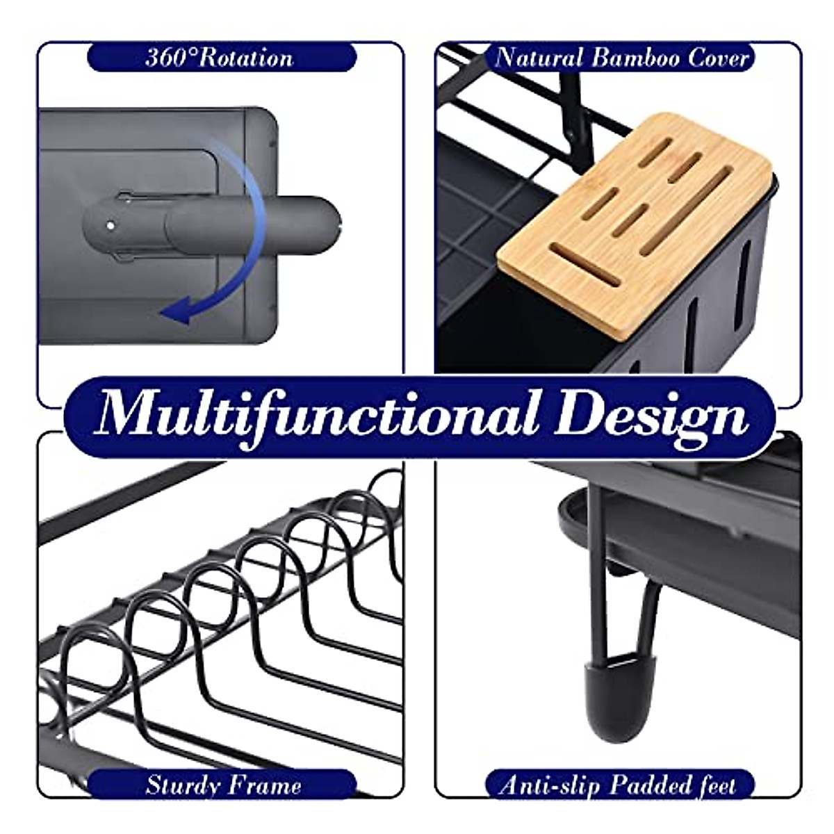 TOOLF 2 Tier Dish Drying Rack, Dish Rack for Kitchen Counter, Free Assembly Foldable Drainboard and Drainer with Wooden Utensil Holder for Kitchen Sink, Black