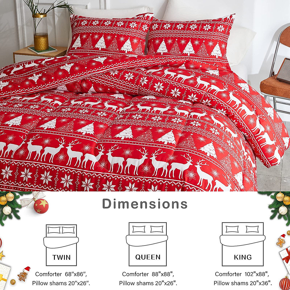 Flysheep Christmas Comforter Set 3 Pieces Twin Size 68x88 inches, Red White Snowflake and Deers Trees Reversible Design, Soft Microfiber Lightweight Bedding Sets for Kids
