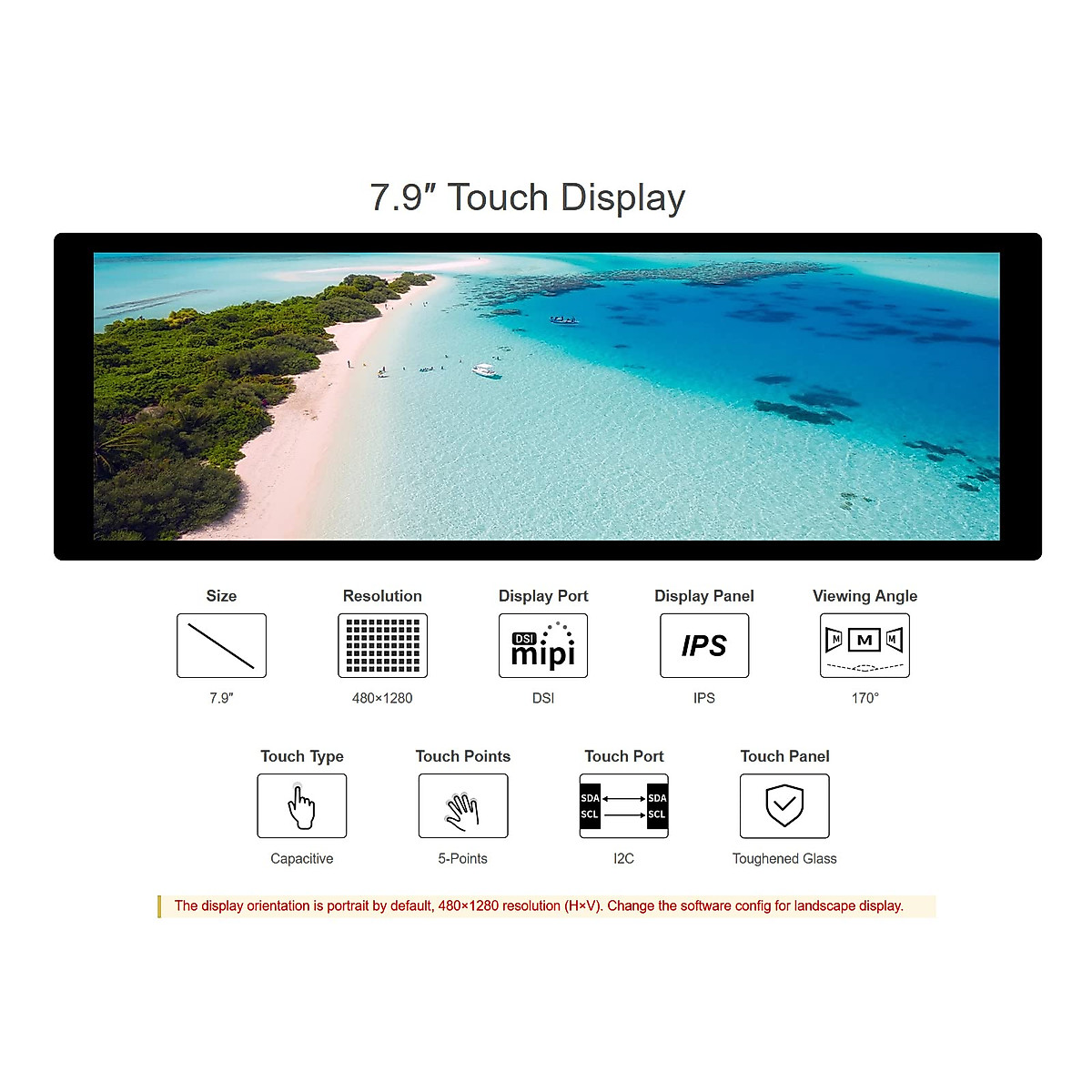 waveshare 7.9inch Touchscreen Display for Raspberry Pi 4B/3B+/3A+, 480×1280 Resolution IPS Screen, DSI Interface, Capacitive Touch Panel Support up to 5 Points Touch