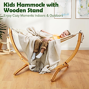 FUNLIO Wooden Hammock with Stand for Kids 3-5 Years, Premium Solid Wood Kids Hammock Chair Stand, Stable Structure, Wider & Longer Children Hammock, 220lbs Capacity, CPC Certified