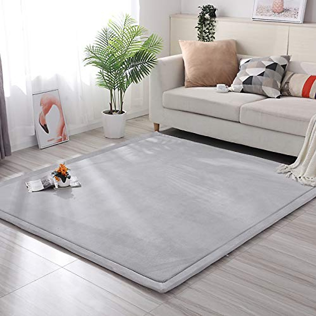 Loartee Nursery Rug Coral Velvet Crawling Rugs Mat Area Rugs Play Crawling Mat(4'9"x4'9", Gray) for Toddler Children Play Mat Yoga Mat Exercise Pads Carpet