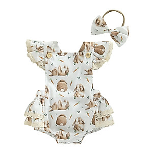 Newborn Infant Baby Girl Easter Outfit Bunny Romper Lace Sleeveless Bodysuit Jumpsuit Headband Summer Clothes White 18-24 Months