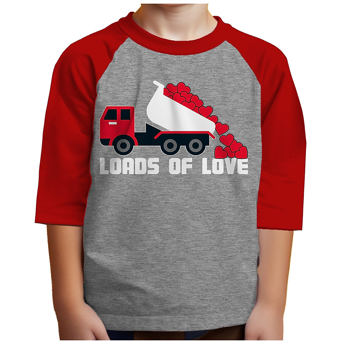 Truck with Hearts Loads of Love Boys Valentines Day Shirt Dabbing Heart Valentine's Toddler Kids Raglan 3/4 Sleeve T-Shirt 3T Red