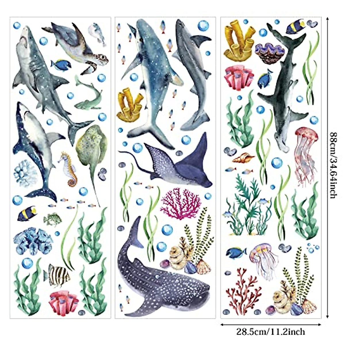 3 Pieces Large Watercolor Sharks Wall Decals Ocean Animal Peel and Stick Wall Sticker Under The Sea Marine Life Theme Decals Nursery Room Home Decor Boy Girl Kid Party Supply, 11.2 x 34.6 Inches