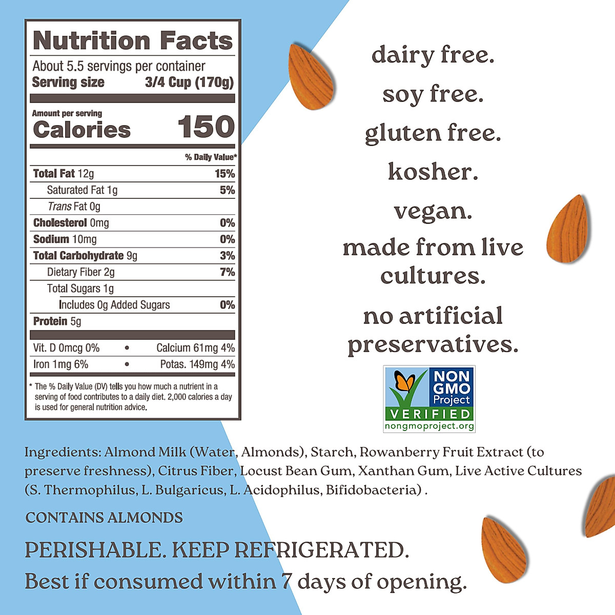 Kite Hill Plain Unsweetened Almond Milk Yogurt, 32 Ounces, Dairy Free, Live and Active Cultures, Gluten Free, Non-GMO, Vegan