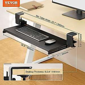 VEVOR Clamp on Keyboard Tray Under Desk, Desk Keyboard Tray Slide Out with Sturdy No-Drill C Clamp Mount, Large 26.8 x 11 inch Slide-Out Computer Drawer for Typing in Home, Office Work