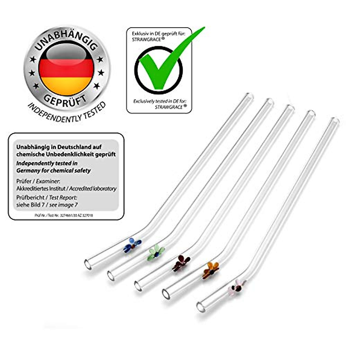 STRAWGRACE Handmade Glass Straws with Coloured Blossoms, Bent - independently tested in DE - Set of 5 with Cleaning Brush - Glass Drinking Straws, Ideal for Cocktail, Smoothie etc - 23 cm x 8 mm