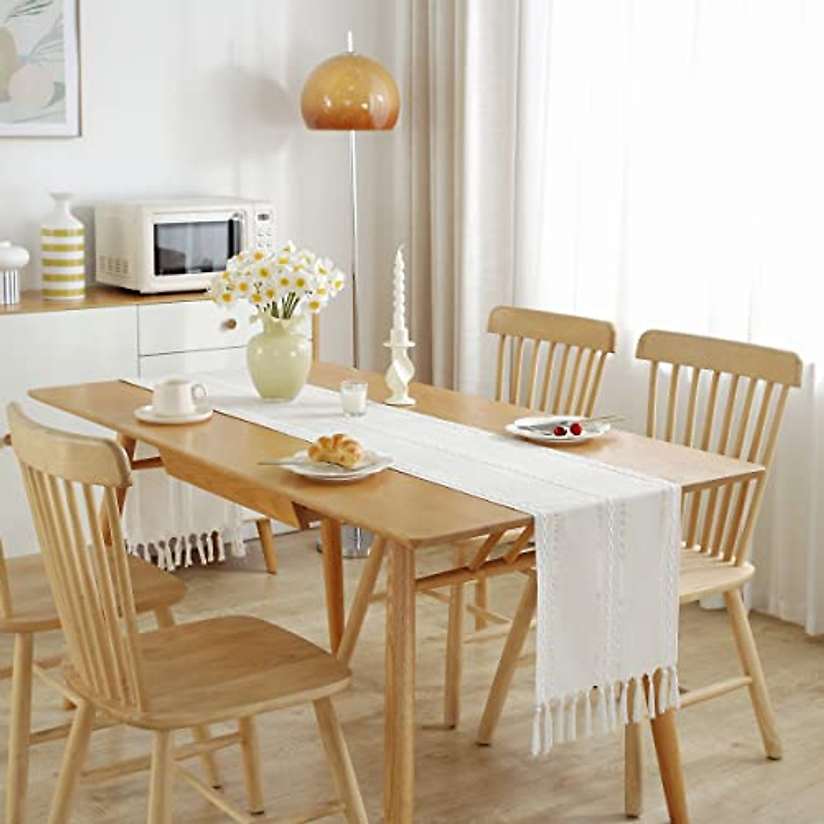 JIALE Table Runner, Rustic Farmhouse Table Runners with Tassels, Boho Cotton Linen Table Runner for Table Decorations, Holiday Party and Wedding, 72 Inches, Ivory