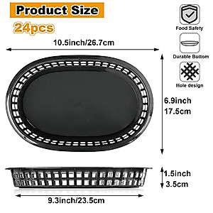 CertBuy 24 Pack Fast Food Baskets 10.5" x 7" Food Service Baskets Plastic Food Basket Plastic Oval Restaurant Basket for Fast Food Restaurant Burgers Sandwiches Fries (Black)