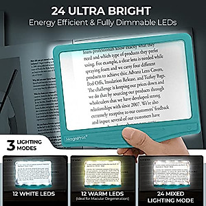 MagniPros 5X Large Ultra Bright LED Page Magnifier with Anti-Glare & Dimmable LEDs (3 Lighting Modes to Relieve Eye Strain)-Ideal for Reading Small Fonts & Low Vision Seniors with Aging Eyes