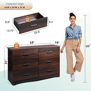 WLIVE Wood Dresser for Bedroom, Wide Chest of Drawers with 6 Drawers, Large Brown Storage Tower Unit, Modern Minimalist Closet Store Organizer for Living Room, Hallway
