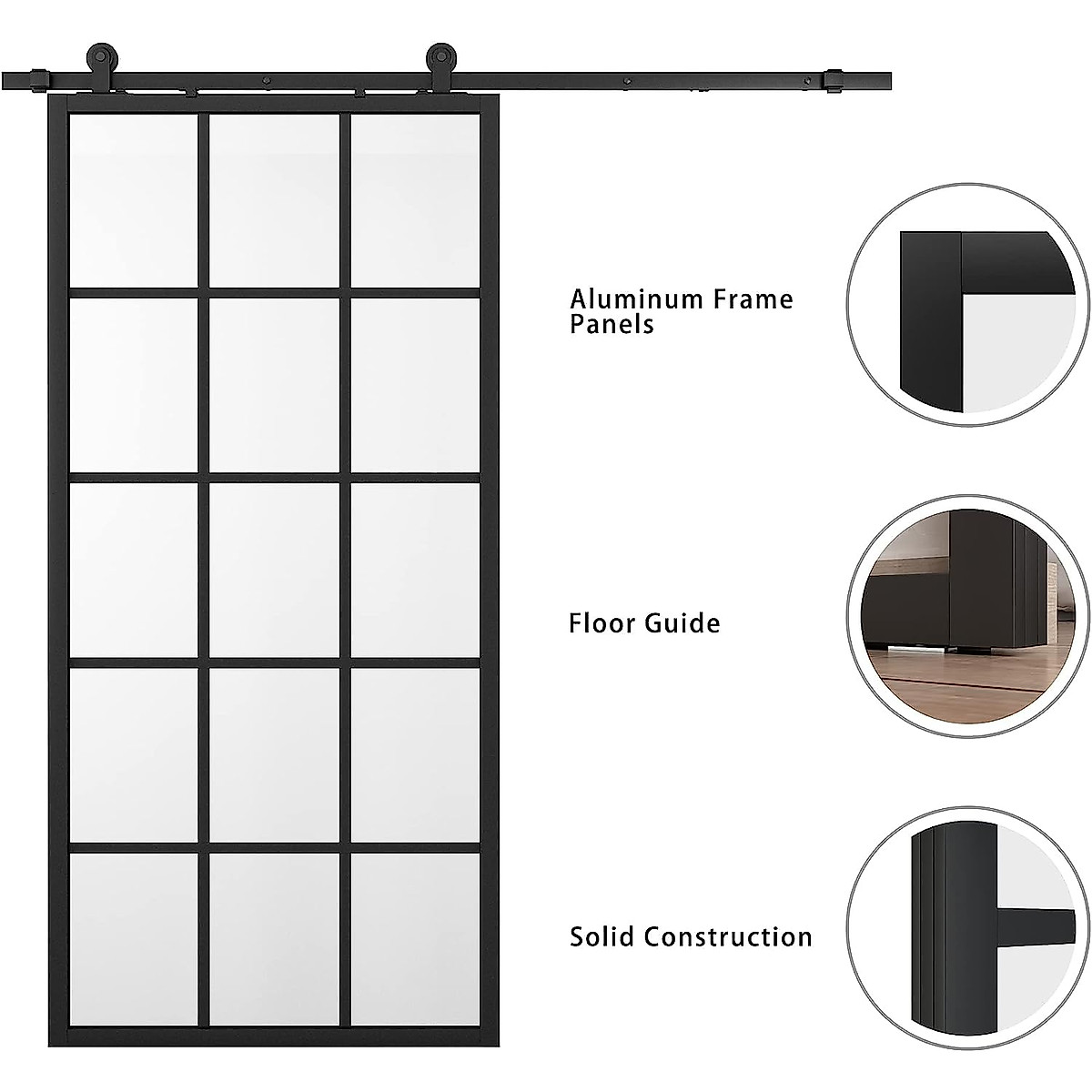 BARNSMITH 42in x 84in Frosted Glass Barn Door with 7FT Top Mounted Hardware kit Include Soft Close Mechanism DIY 15 Lites Modern Aluminum Frame Glass Sliding Barn Door Disassembled Easy Installation