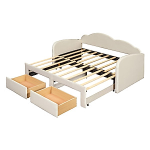 Twin Size Daybed with Storage Drawers, Extending Upholstered Sofa Bed with Trundle, Twin to King Design Sleeper Sofa with Cloud-Shaped Backrest for Living Room Apartment, Beige