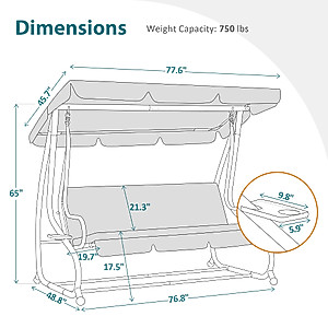 MCombo 3 Seat Patio Swing Chair, Outdoor Swing with Adjustable Canopy, Weather Resistant Steel Frame, Porch Swing Sets for Backyard, Poolside, Balcony, 4090 (Dark Grey)