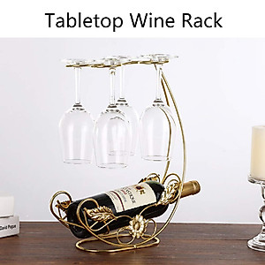 homeme Tabletop Metal Wine Rack &Wine Glass Holder - Under Cabinet Goblet Wine Bottle Holder Glass Storage Rack Metal Storage Rack Elegant Freestanding Stemware Holder Stand for Bar Kitchen Golden