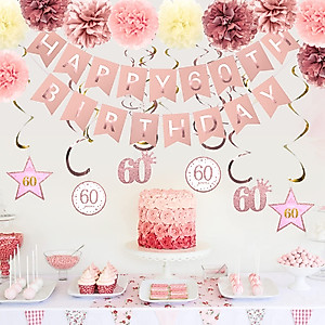 GuoZhiXin Rose Gold 60th Birthday Party Decorations , Rose gold Glittery Happy 60th Birthday Banner,Poms,Sparkling Hanging Swirls Kit for 60th Birthday Party Supplies