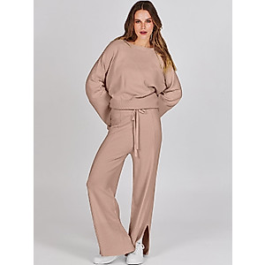 ANRABESS Womens 2 Piece Outfits Oversized Knit Sweater Set Wide Leg Pant Cozy Lounge Matching Pajama Sets 2024 Trendy Clothes Deep Apricot X-large
