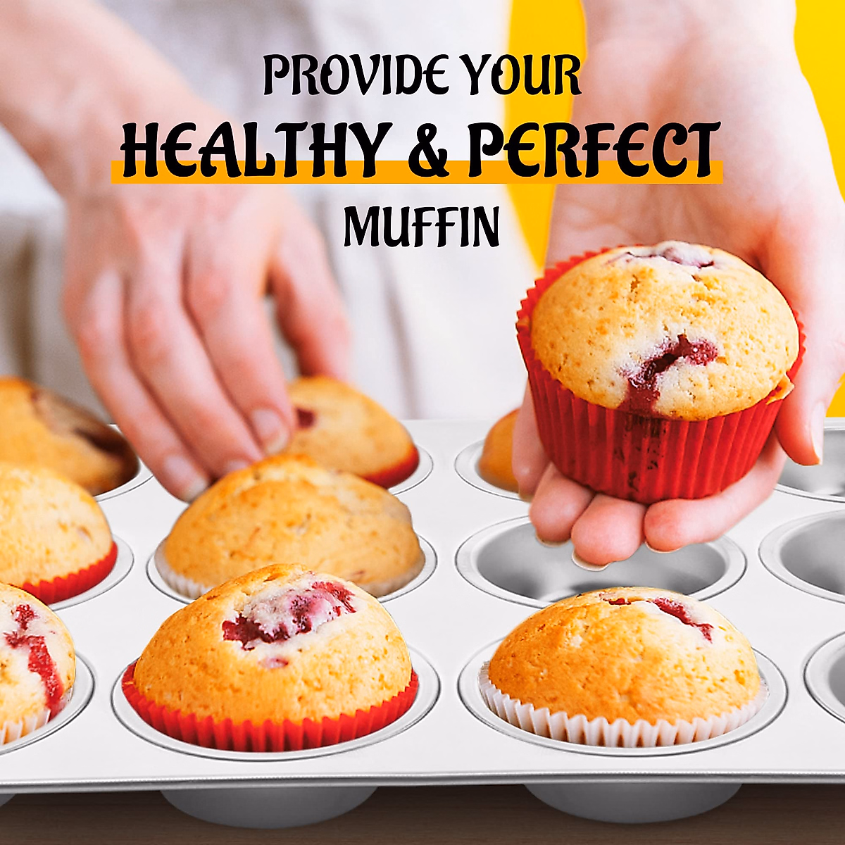 E-far Muffin Pan 12-Cup, Set of 2, Stainless Steel Cupcake Pan Metal Muffin Baking Tins for Oven, Regular Size & Easy Clean, Non-toxic & Dishwasher Safe-2 Pack