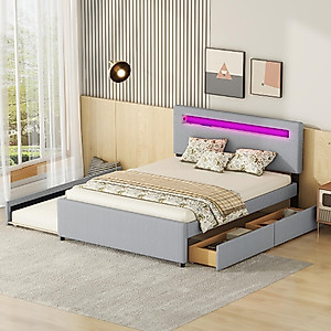 BOVZA Queen Size Upholstered Platform Bed with 2 Storage Drawers and Twin Trundle, LED Lights and USB Charging, Linen Queen Bed Frame with Headboard and Wood Slat Support, Gray