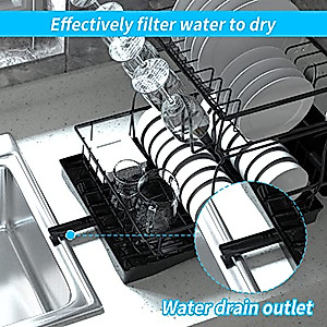 AININUOY Large Dish Drying Rack with Drainboard, 2 Tier Stainless Steel Dish Racks for Kitchen Counter, Dish Drainer with Wine Glass Holder, Drying Rack and Utensils Holder Set (Black)