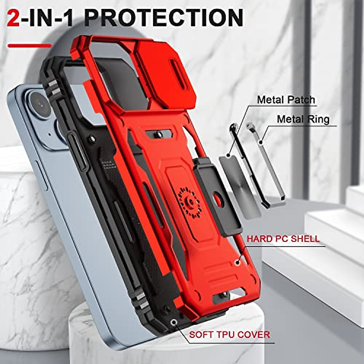 AUPAI iPhone 14 Plus Case with Camera Cover,iPhone 14 Plus Cover with Screen Protector Heavy Duty Military Grade Protective Phone Case with Kickstand for Apple iPhone 14 Plus Red