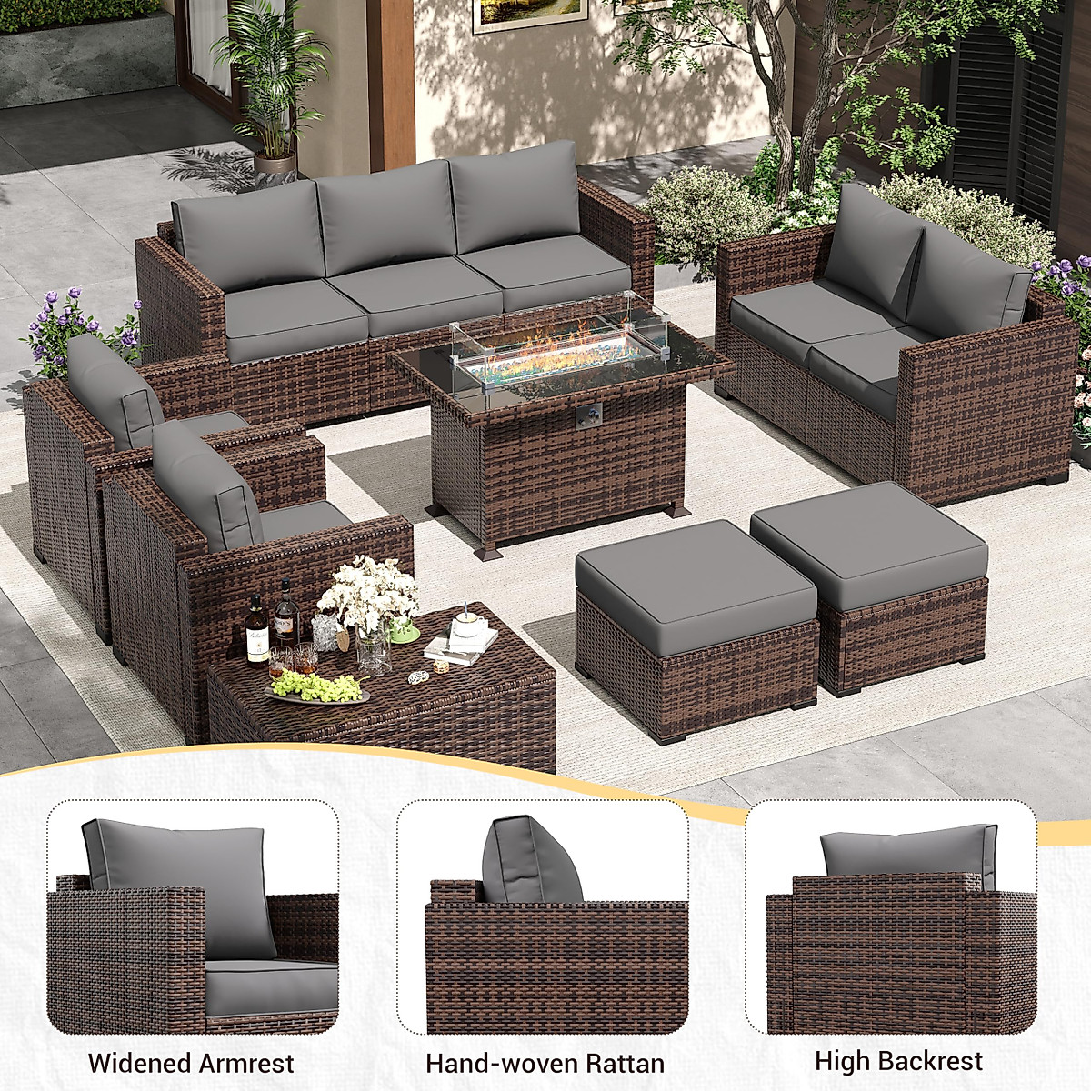 Amopatio Outdoor Patio Furniture Sets, 8 Pieces Wicker Patio Furniture, Outdoor Sectional Patio Couch Set with Ottoman, Outdoor Conversation Set with 44" Gas Fire Pit for Outside (Grey)