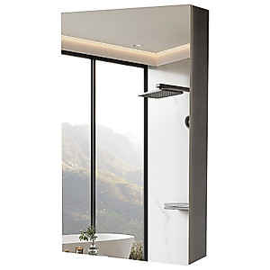 Seenvlog Bathroom Medicine Cabinet with Mirror Door 15.7 x27.5 Inch Wall-Mount Mirror Cabinet Black Medicine Cabinet Aluminum Waterproof Rust-Resist for Living Room Bedroom Laundry Room