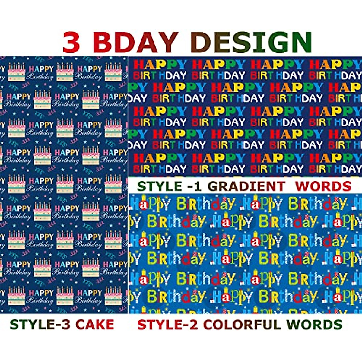 U'COVER Birthday Wrapping Paper 6 Large Sheet Happy Birthday Gift Wrapping Paper for Kids Boys Girls Men Women Baby Shower 3 Style Colorful Birthday Greeting Gift Wrap Paper Folded Flat 27 * 37inch
