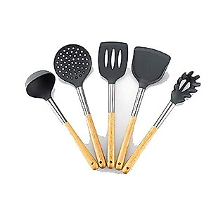 LMMDP Silicone Kitchen Utensils Set Cooking Tools Set Non-stick Spatula Shovel Brush Clips Spoon Whisk with Wooden Handle Kitchen Tool