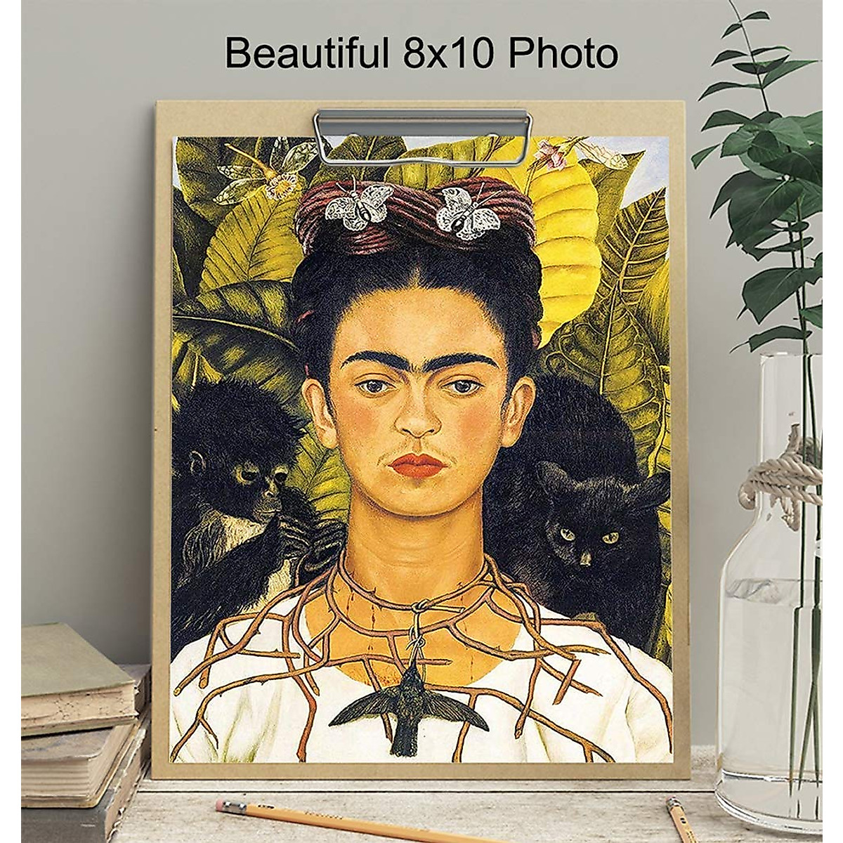 Poster - 8x10 Mexican Art Wall Decor Picture Print for Bedroom, Living Room, Home, Apartment - Gift for Women, Woman Artist - Monkey, Cat, Hummingbird Self-Portrait Painting - Unframed