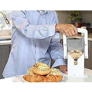 Sweet Home Bee Bagel Slicer, Stainless Steel Kitchen Guillotine Cutter with Safe Grip and Safety Shield for Bagels, Breads, Muffins, Buns, Rolls - Fast, Easy And Safe, White
