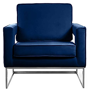 Meridian Furniture Noah Collection Modern | Contemporary Velvet Upholstered Accent Chair with Durable Stainless Steel Base, Navy, Chrome Base