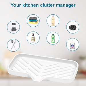 SUBEKYU Silicone Kitchen Soap Tray, Sink Tray for Kitchen Counter/Soap Bottles, Sponge Holder and Organizer with Drain Spout, White, [Size: 9.5 x 5 inch]