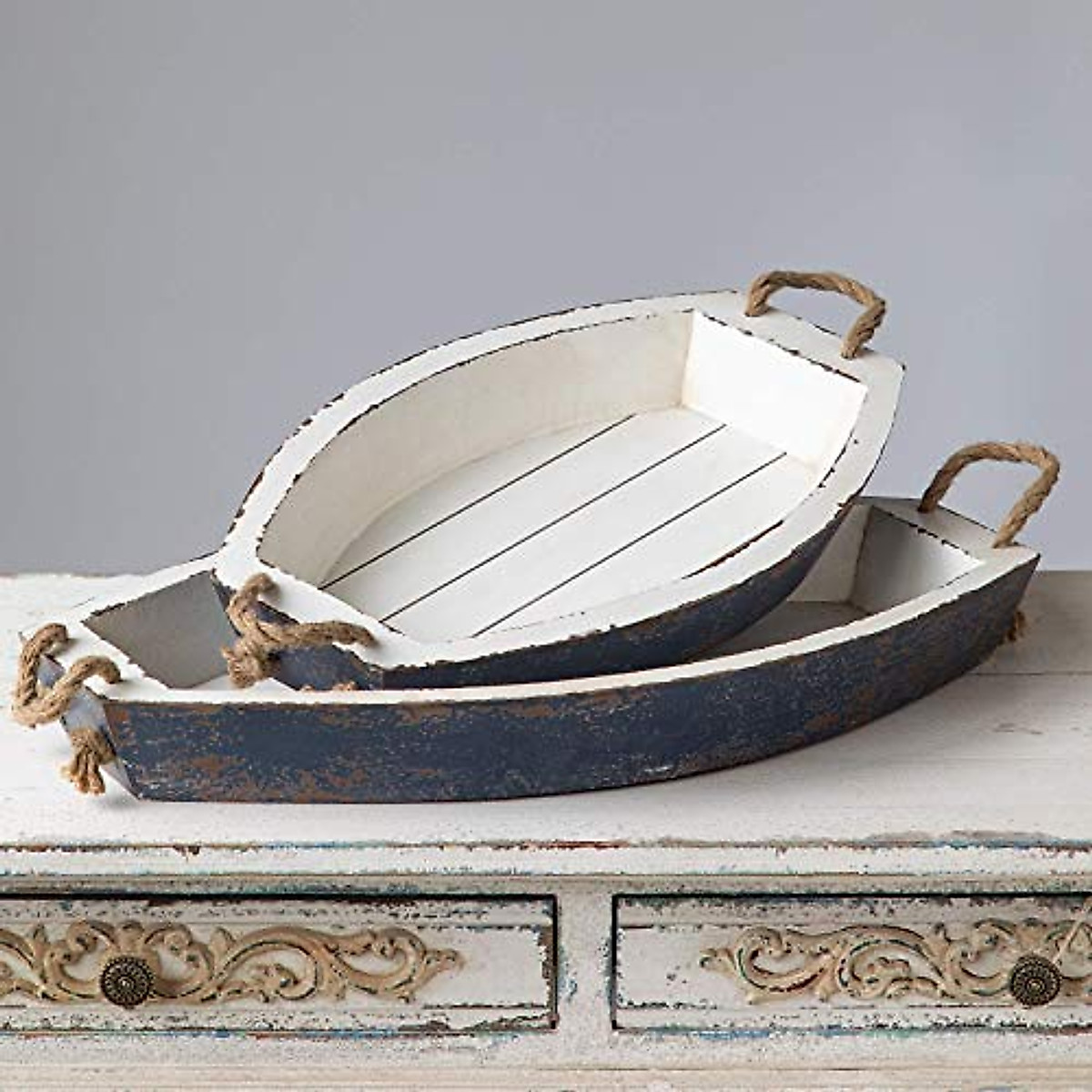 Distressed White Nesting Wood Serving Tray for Eating with Rope Handles,Set of 2 Farmhouse Handwork Boat Shaped Large Decoration Serving Trays for Party Kitchen Counter, Dining Room Coffee Table