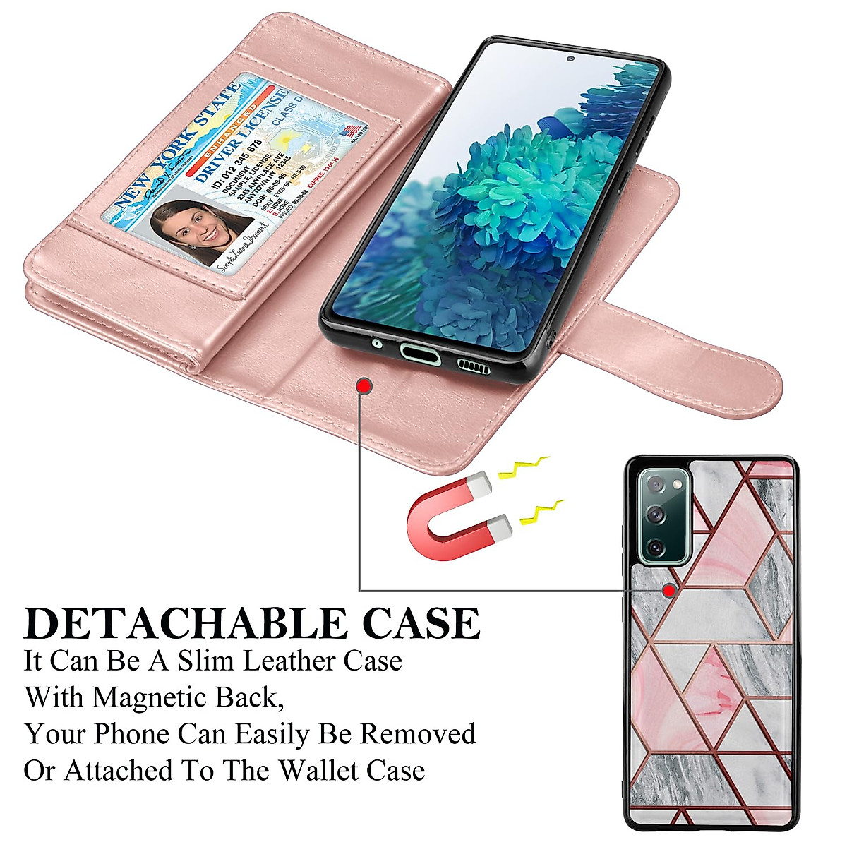 Takfox Galaxy S20 FE 5G Case, for Samsung S20 Fan Edition / S20 FE 5G Wallet Case, with Credit Card Holder Slots Folio Flip PU Leather [Kickstand] Detachable Magnetic Hard Phone Case & Strap-Marble