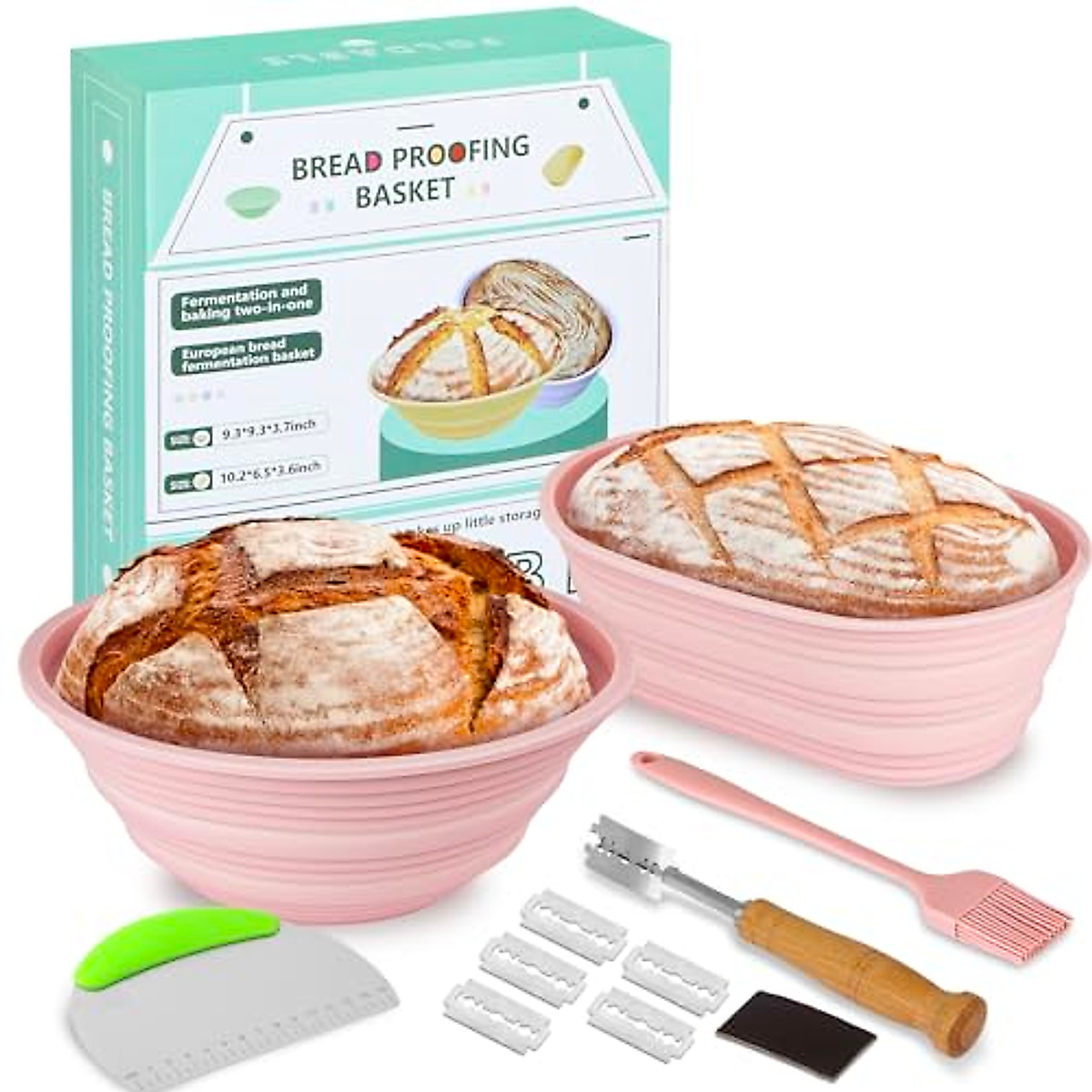 MaMix Banneton Bread Proofing Basket Set of 2, Silicone Sourdough Bread Baking Supplies, 9 inch Round & 10 Oval Sourdough Starter Kit Includes Essential Tools, Easy to Clean and Use (pink)