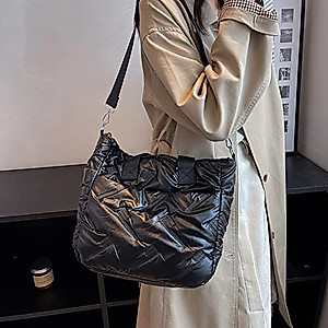 JQWYGB Puffer Tote Bag for Women - Large Puffy Tote Bag Purse Soft Padded Cotton Quilted Handbags Shoulder Crossbody Bags (Black)