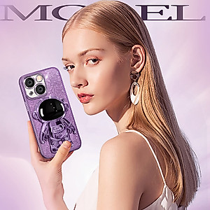 Buleens Astronaut iPhone 13 Mini Case, Clear with Glitter & Spaceman Stand, Purple